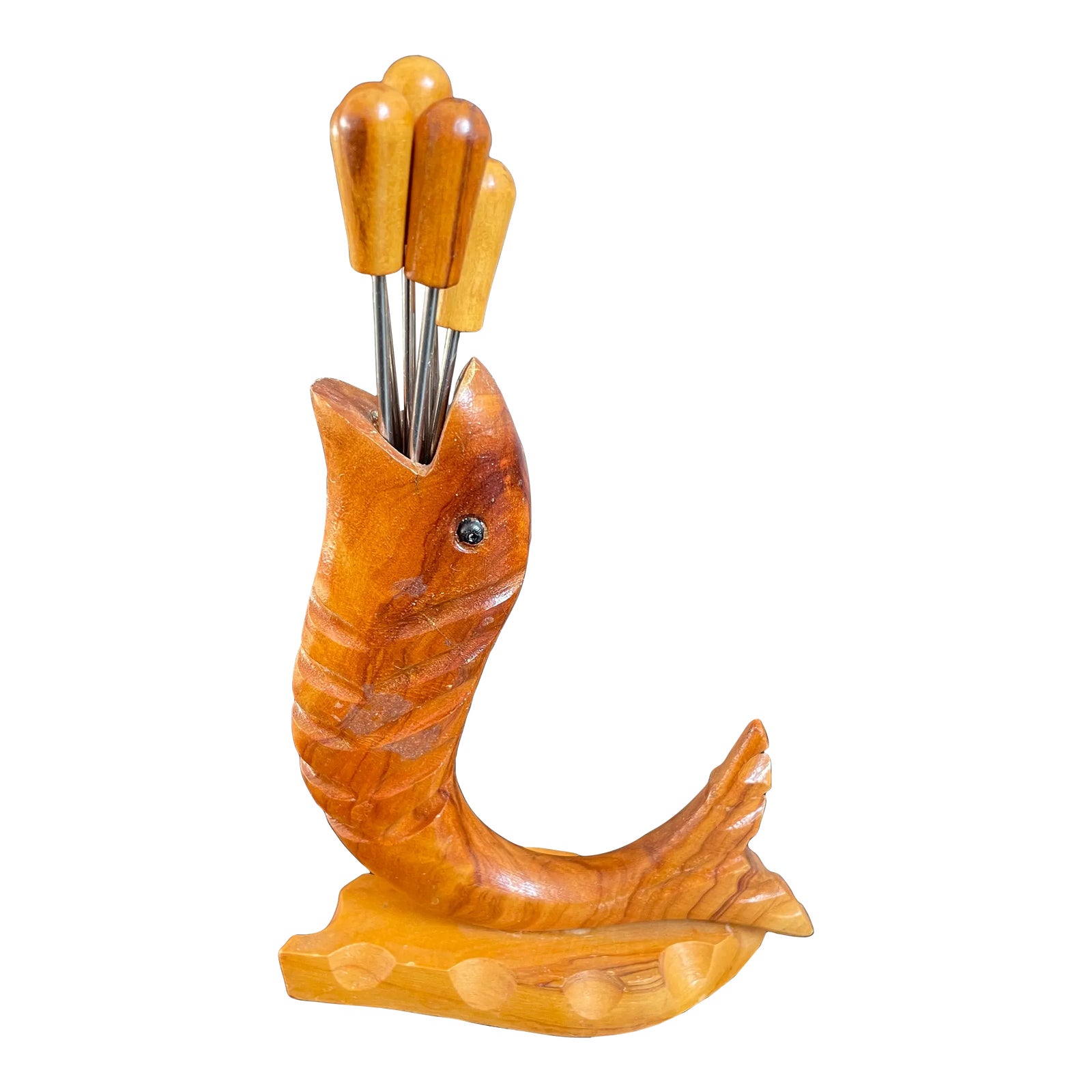 Mid Century Italian Olive Wood 6-Pc Cocktail Picks Set in a Carved Fish ...