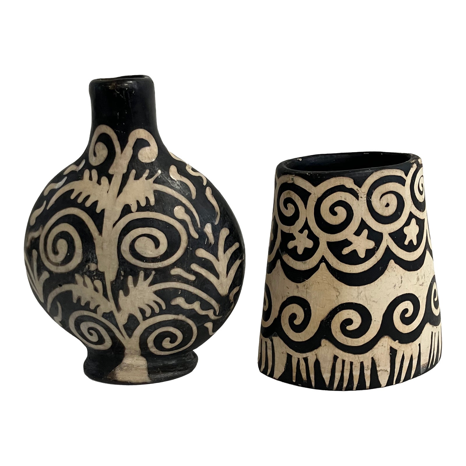 Vintage Mexican Black Sgraffito Pottery Vessels – Pair | Chairish