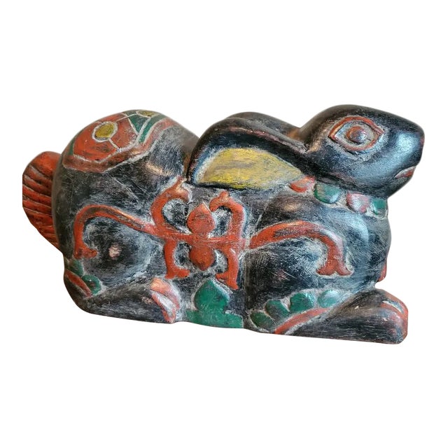Antique Burmese Hand Carved Polychrome Rabbit Sculpture | Chairish