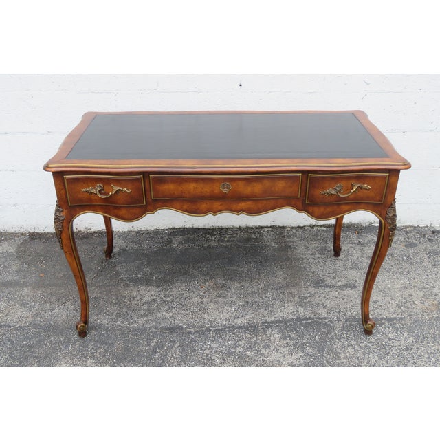 French Carved Leather Top Partner Writing Office Desk | Chairish
