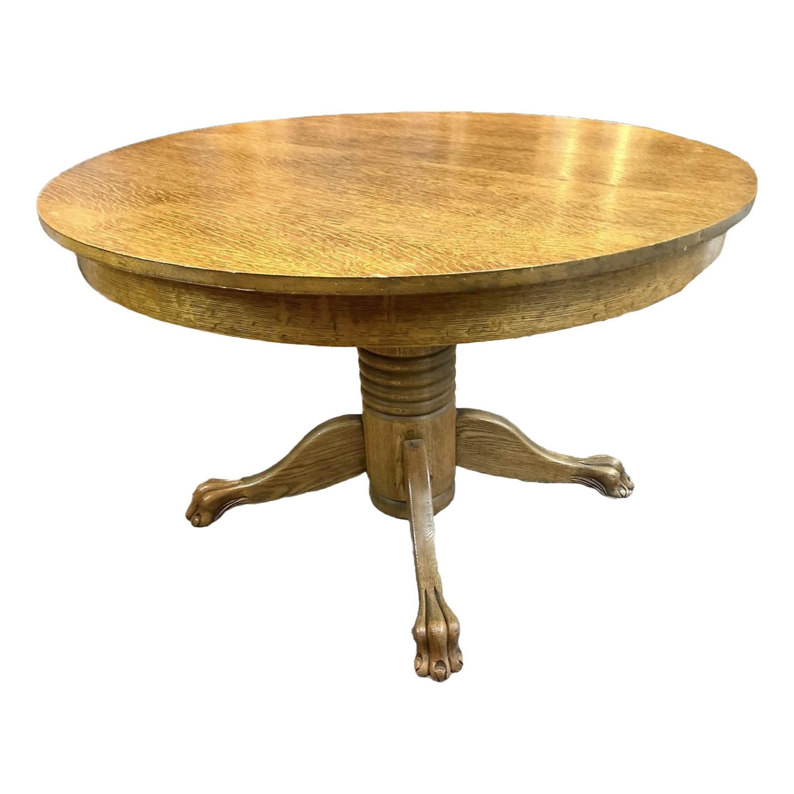 Antique Oak Circular Tiger Claw Foot Pedestal Dining Table | Chairish