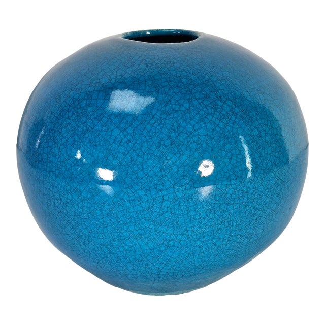 Teal Blue Crackle Studio Art Pottery Vase | Chairish