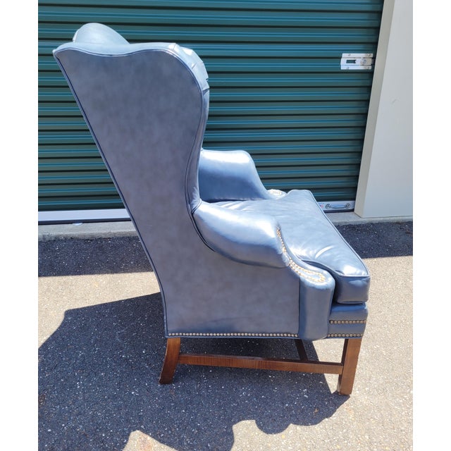 1980s Large Periwinkle Blue Leather Wing Chair | Chairish