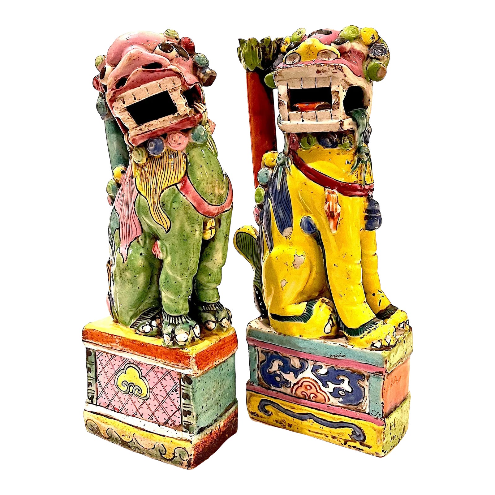 Late 19th Century Pastel Polychrome Foo Lions/Dogs - a Pair | Chairish
