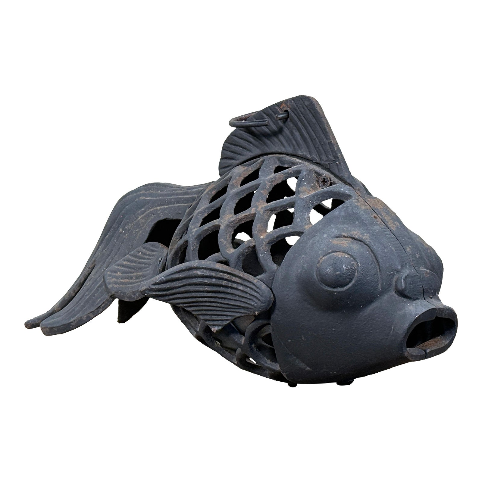 Vintage Japanese Cast Iron Figural Koi Fish Hanging Lantern | Chairish