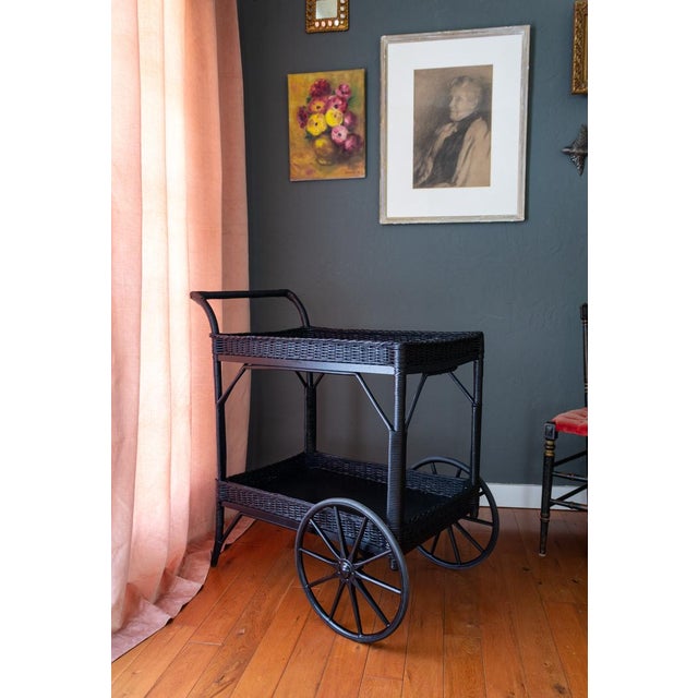 19th Century Black Wicker and Rattan Victorian Tea Cart | Chairish