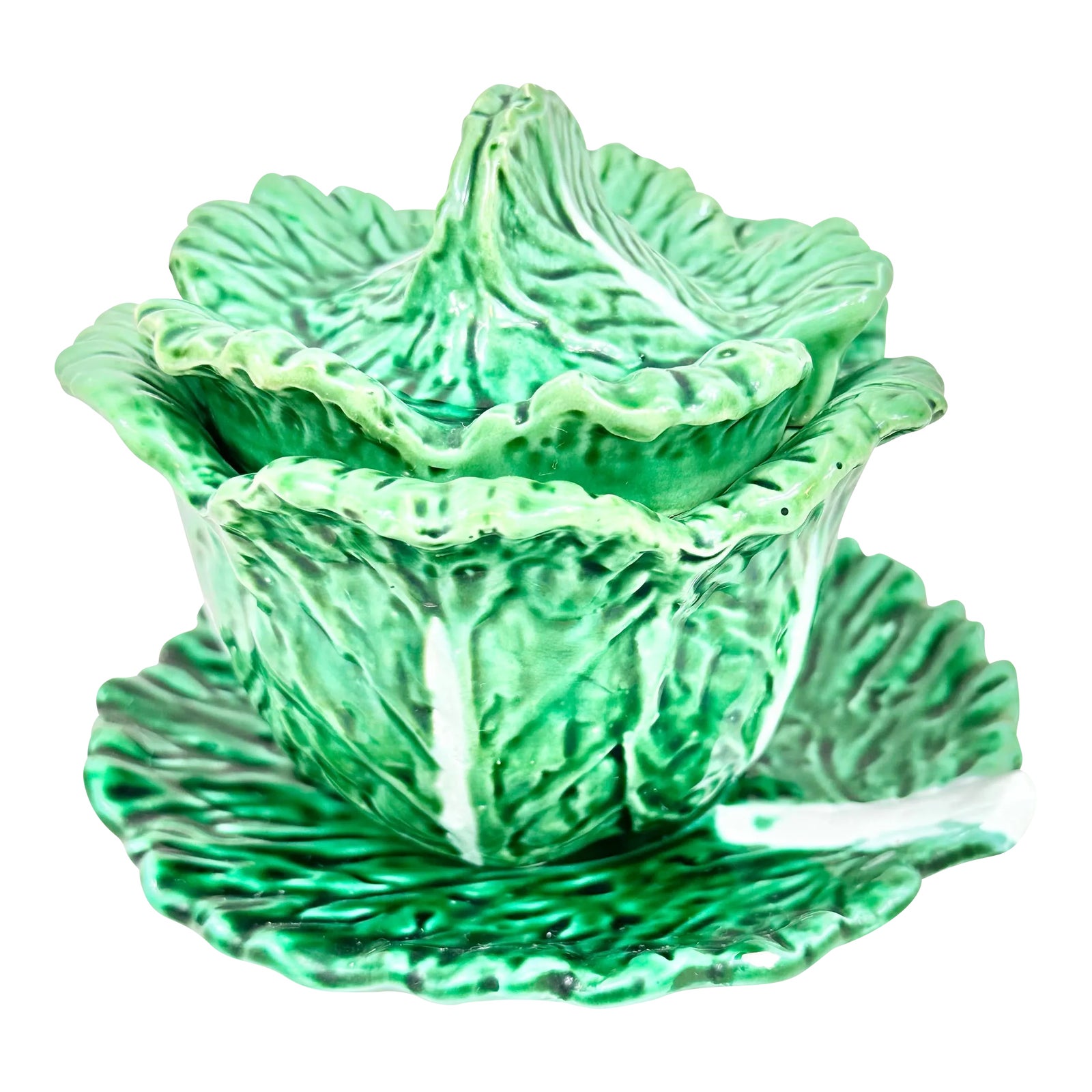 Vintage Majolica Style Cabbage Relish Jar and Saucer | Chairish