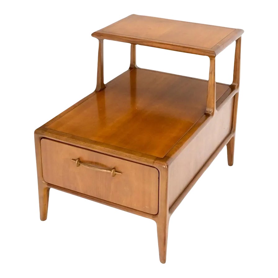 Henredon Solid Walnut Sculptural Two Tier One Drawer Step Side Table ...