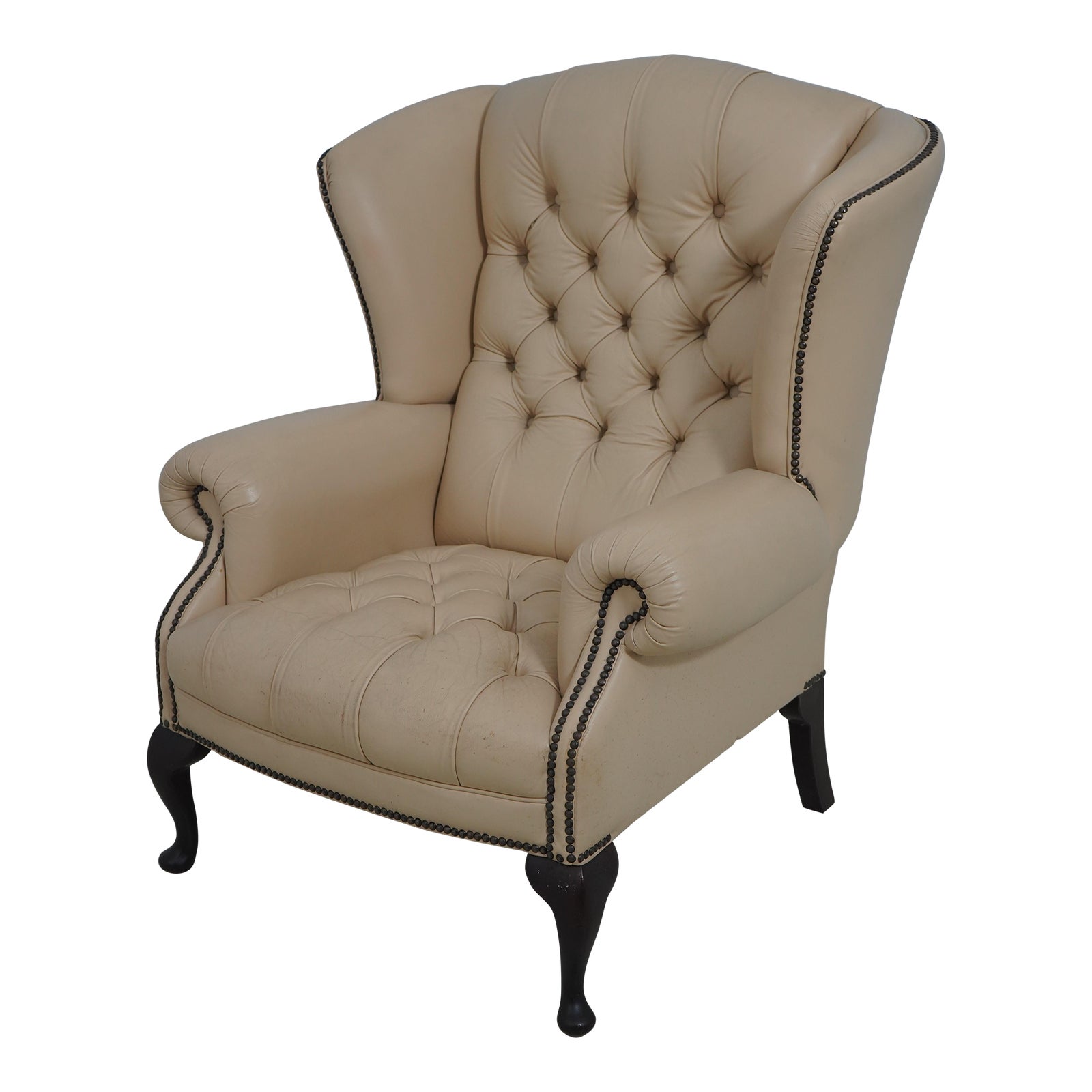 Chesterfield Style Tufted Creme Leather Wing Chair | Chairish