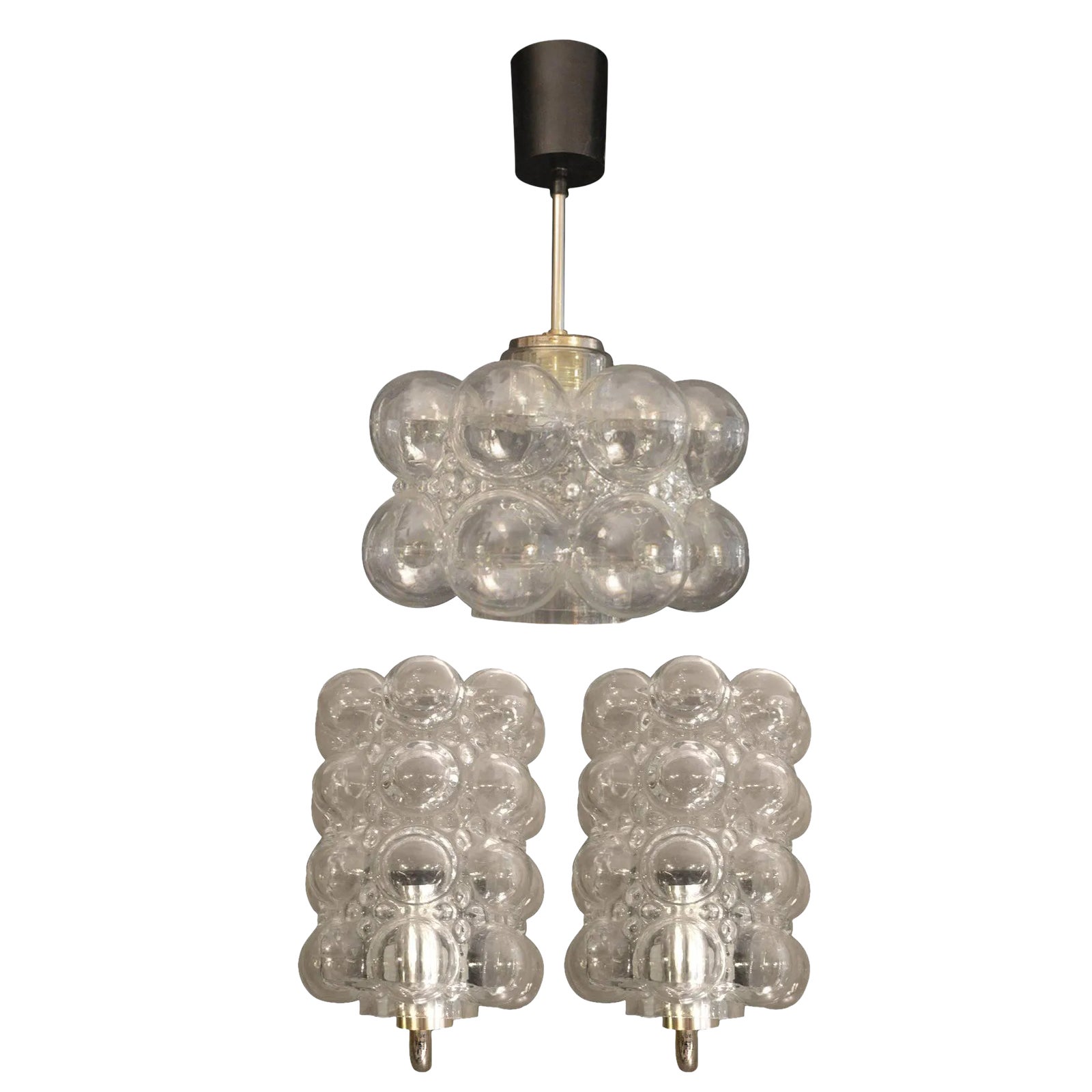 Pair of Handblown Glass Bubble Sconces With Matching Pendant Chandelier ...
