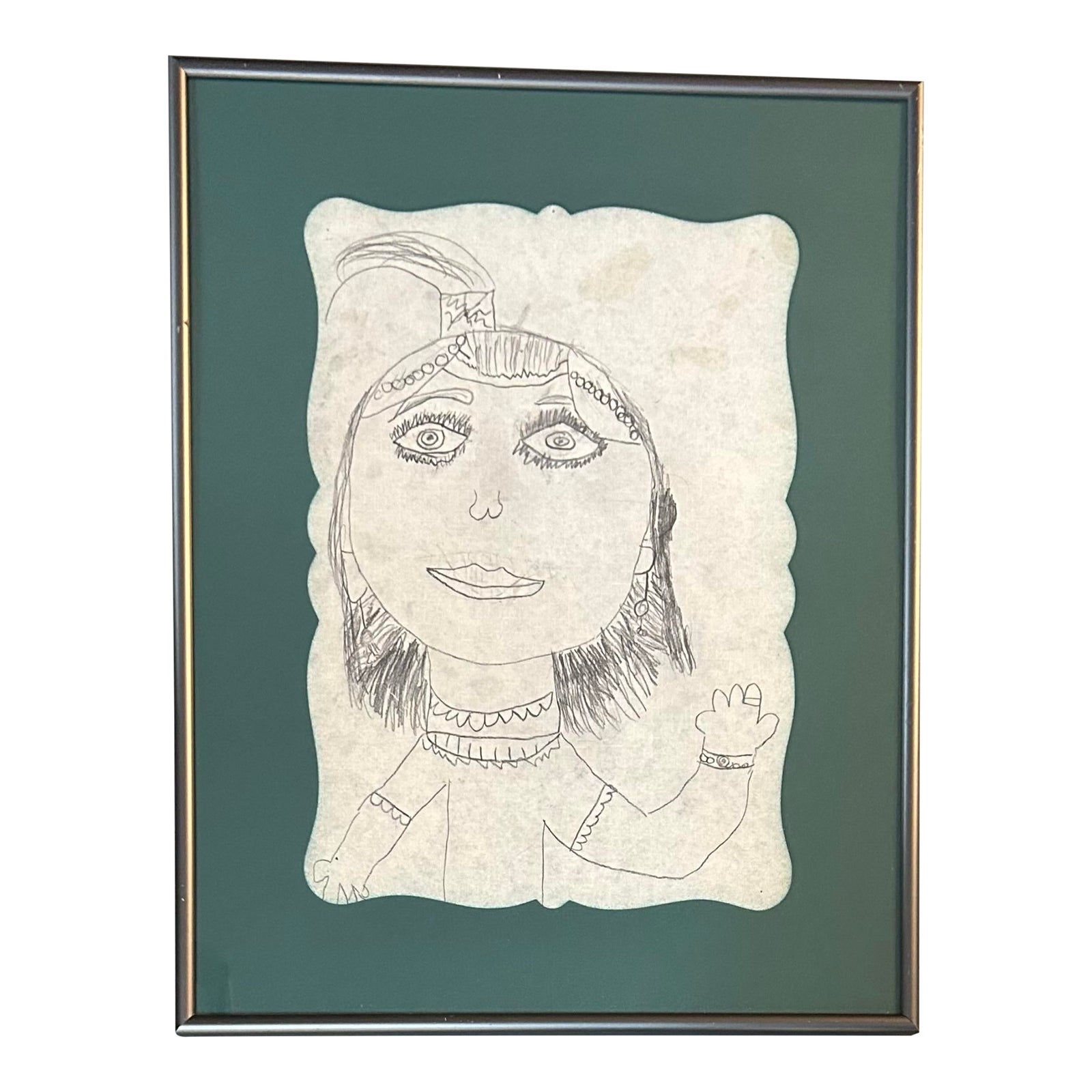 1990’s Original Folk Art Female Portrait Pencil Drawing on Placemat ...