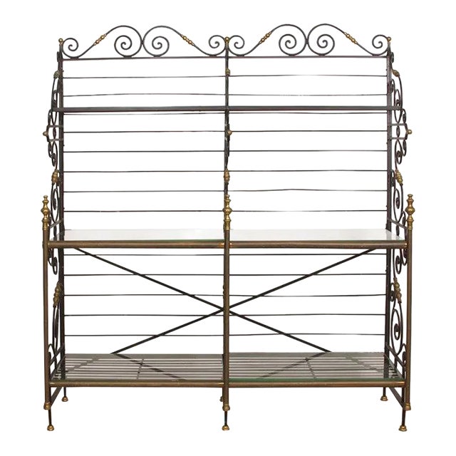 Vintage French Wrought Iron & Brass Bakers Rack | Chairish
