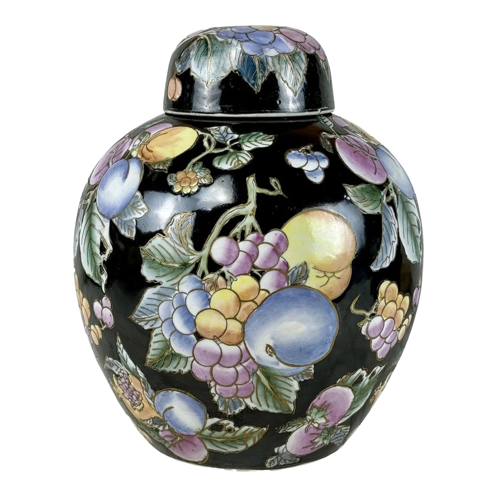 Vintage Chinese Noire Black Porcelain Ginger Jar Urn With Lid | Chairish
