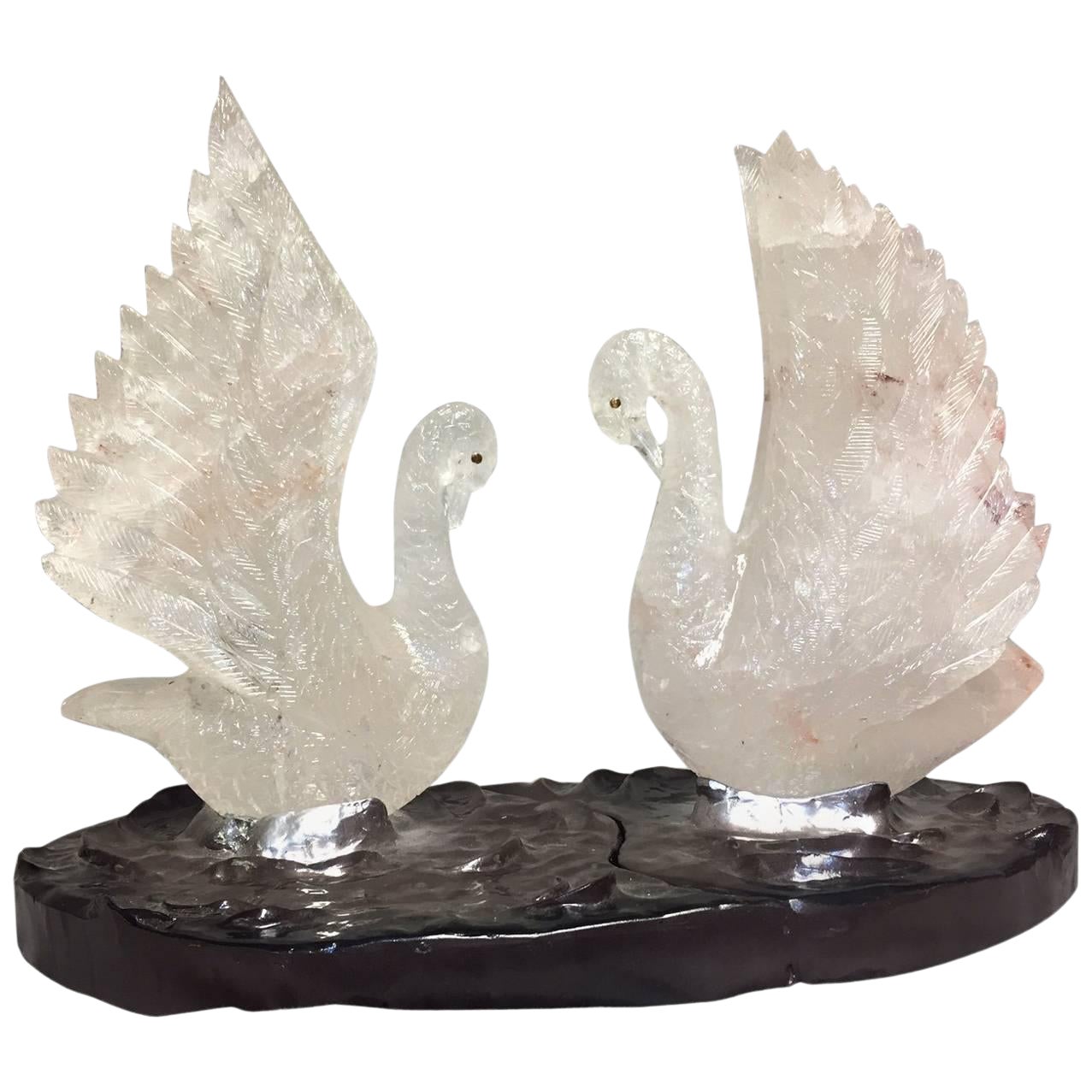 Rock Crystal Swan Group in Pond Centerpiece, Modern Style | Chairish
