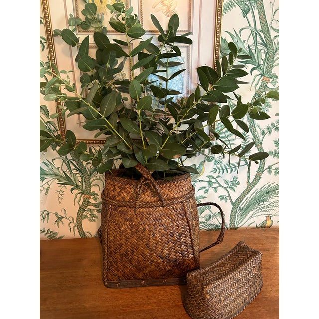 Vintage Woven Wicker and Wood Backpack Gathering Basket | Chairish