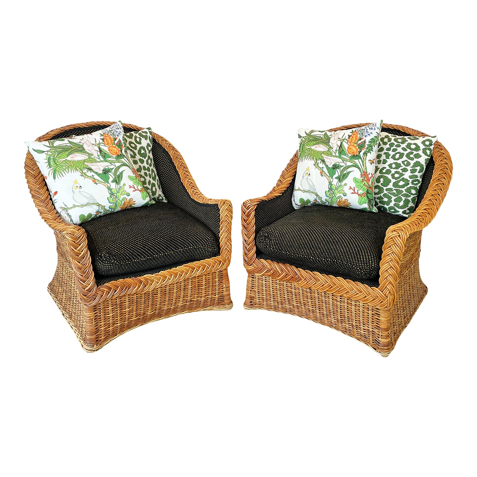20th Century Pair of Braided Rattan Wicker Upholstered Chairs | Chairish