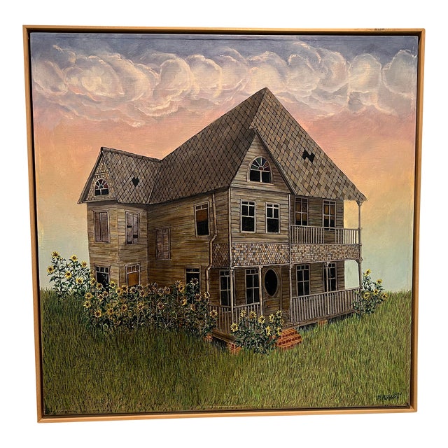 1980s Realist Framed Oil Painting of Old House Around Green Grass ...