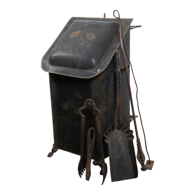 Antique Victorian Tole Coal Scuttle Box Farmhouse Fireplace Bin With ...
