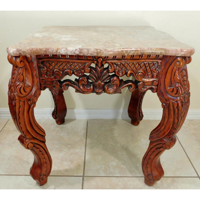 Vintage Asian Solid Wood Carved End Table with Marble Top | Chairish