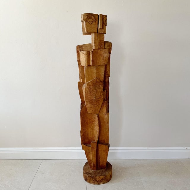 Captivating Vintage Cubist Wood Sculpture With Figural Design | Chairish