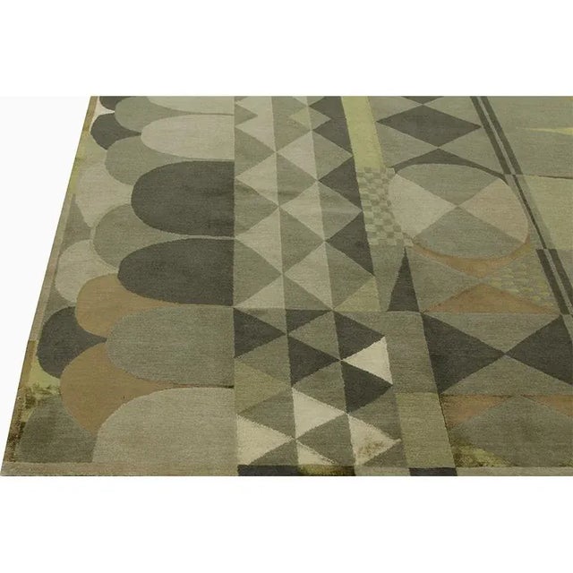 1990s Vintage Handwoven Modern Green Area Rug | Chairish