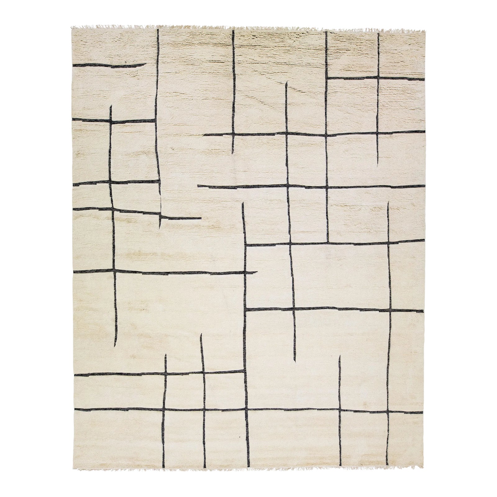 Modern Moroccan Style Oversize Wool Rug With Geometric Pattern in Beige ...