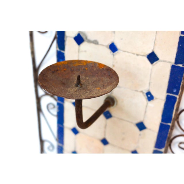 Terracotta Tile Wall Sconce With Candle Cup Blue Accents | Chairish