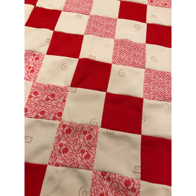 Vintage Knit Red Cream Floral Diamond Checkerboard Quilt Top | Chairish