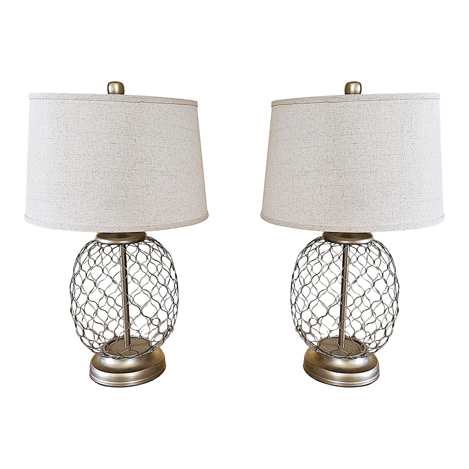 Pair of Modern Industrial Cage Metal Table Lamps With Linen Shades ...