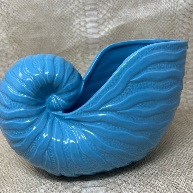 Glazed Ceramic Cyan Blue Nautilus Shell Bowl Planter | Chairish