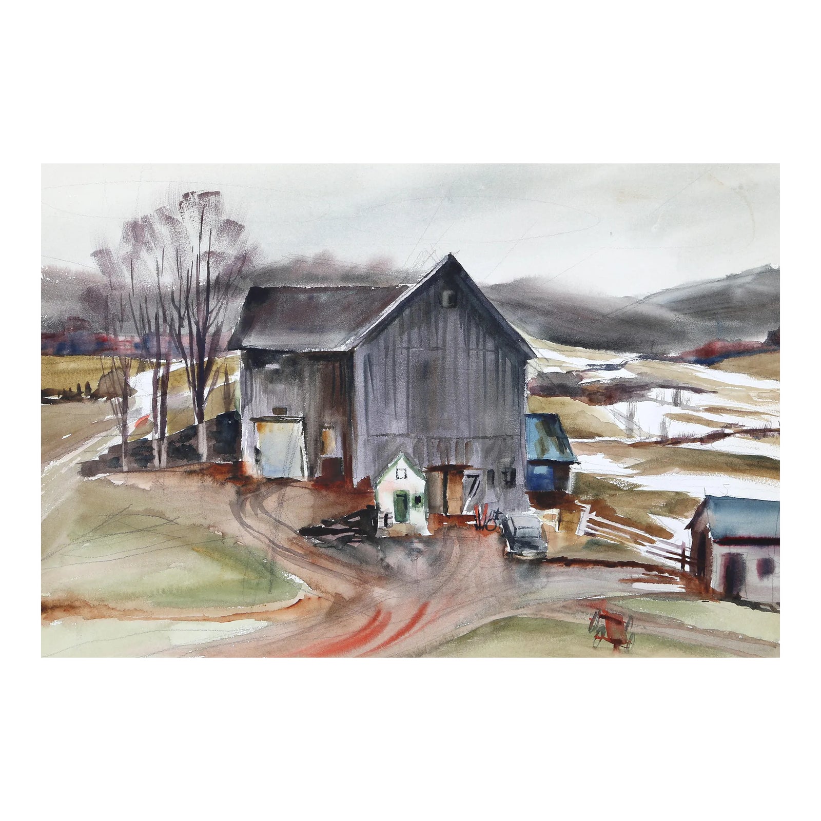 1960s "Large Barn P2.44" Watercolor Painting by Eve Nethercott | Chairish