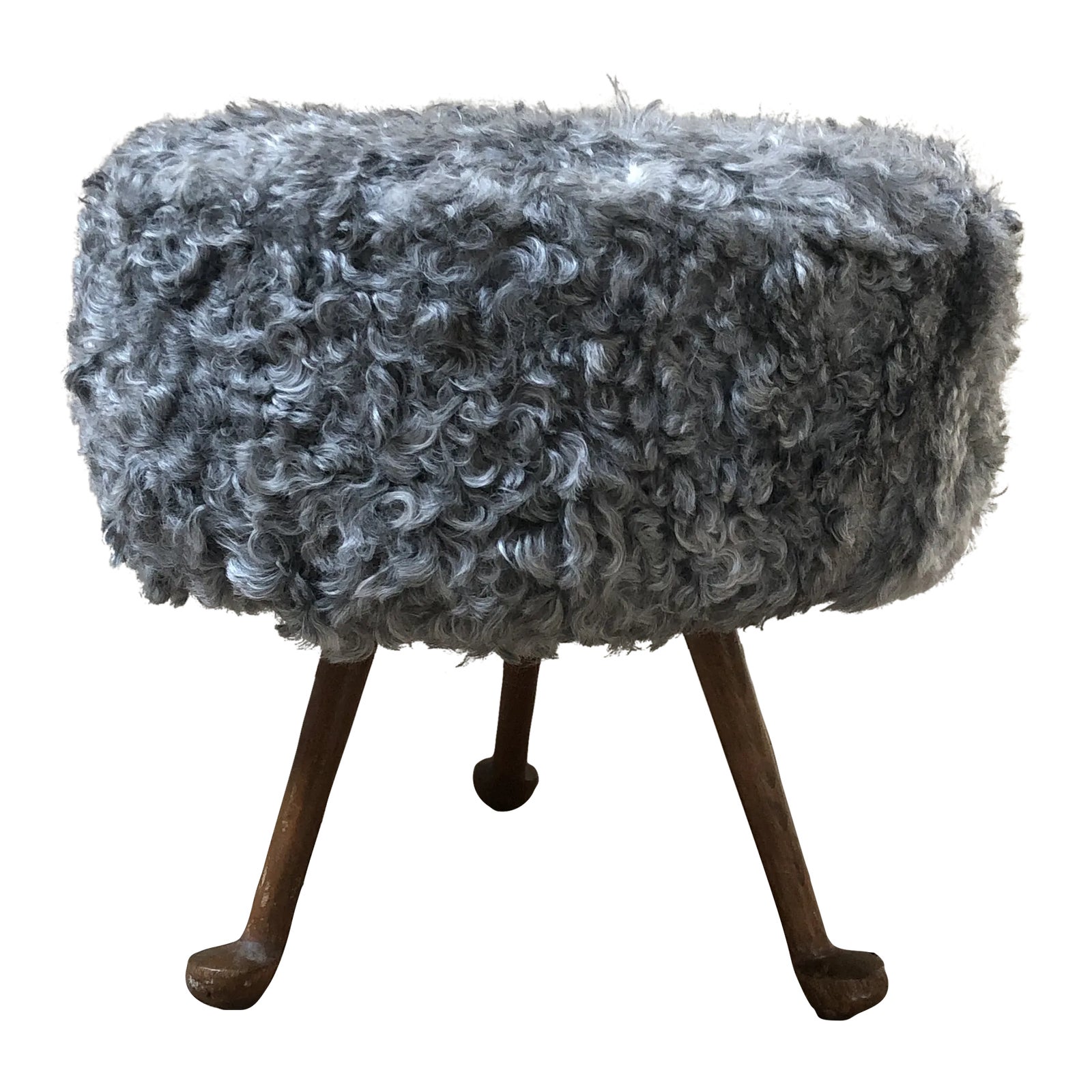 Vintage Tripod Grey Sheep Skin Stool | Chairish