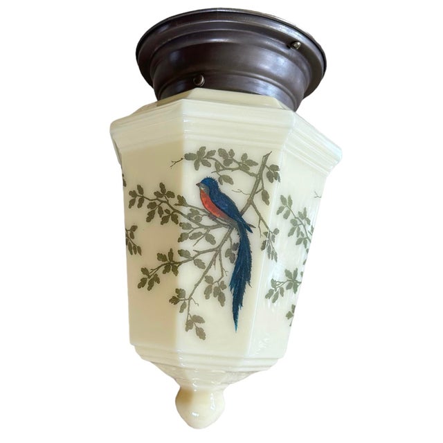 Painted Bird Flush Mount Fixture on Brass Holder, Circa 1920 | Chairish