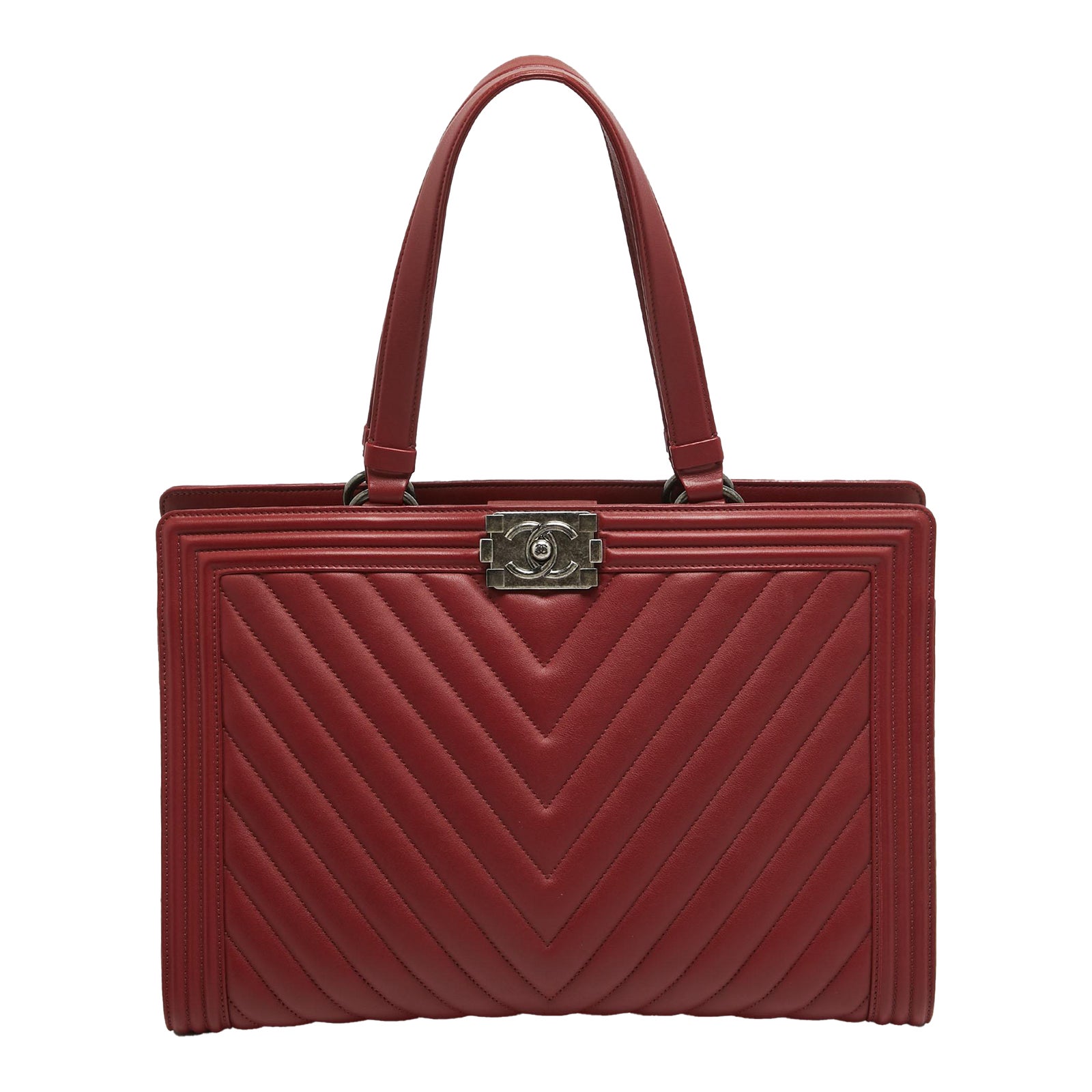 Chanel Red Chevron Quilted Leather Large Boy Shopper Tote | Chairish