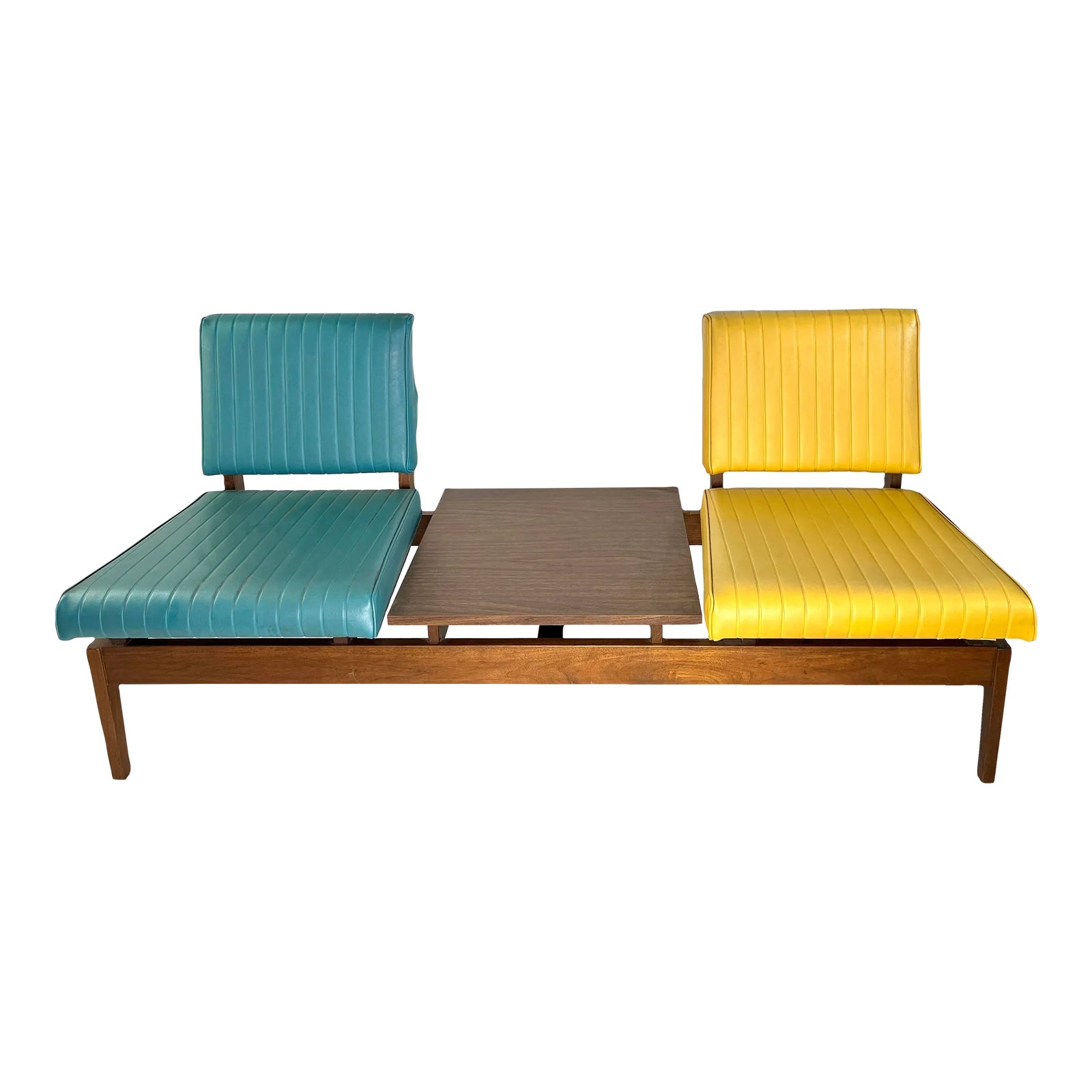 1970s Walnut Two Seater Bench With Center Table | Chairish