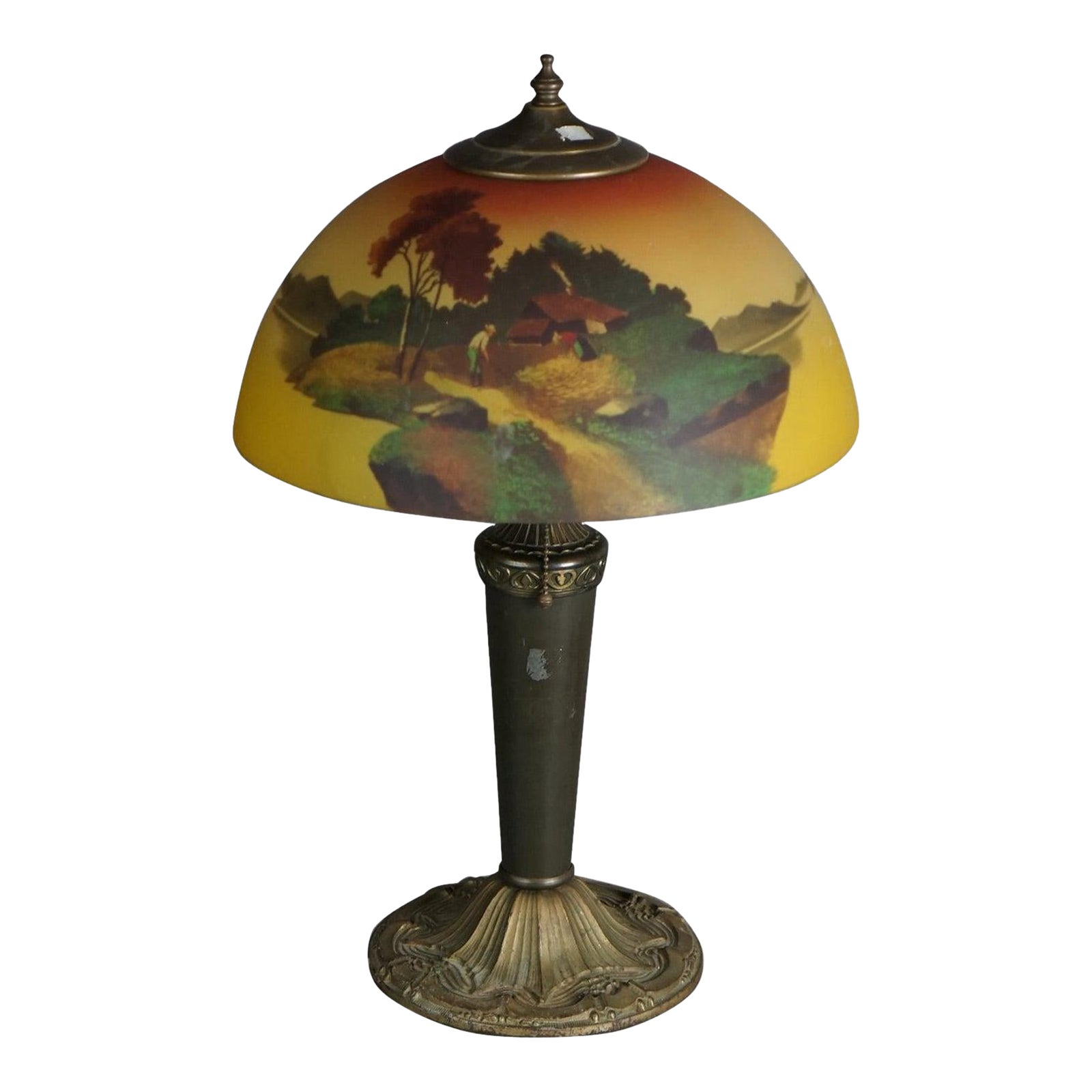 Antique Phoenix Reverse Painted Landscape Shade & Bronzed Base, Circa ...