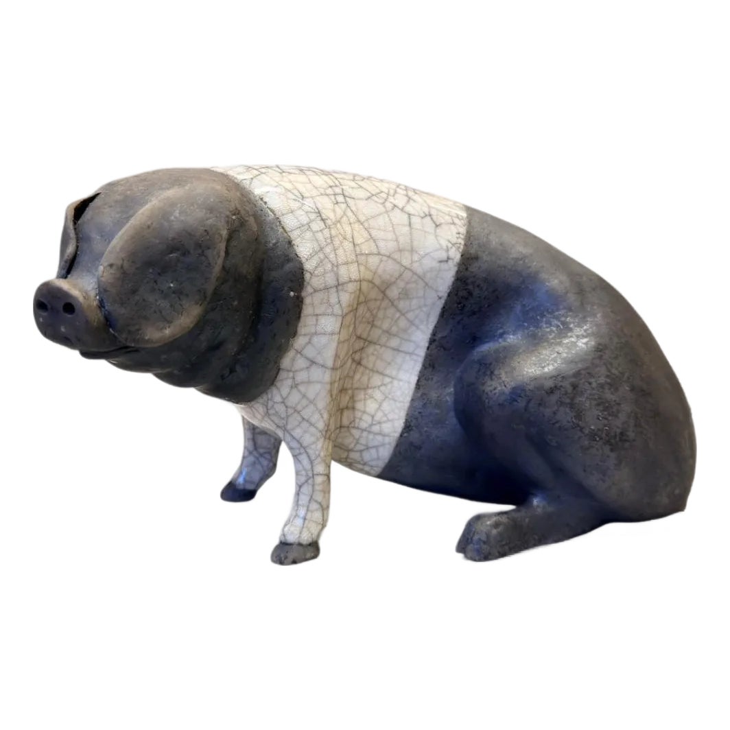 Black & White Ceramic Pig Sculpture With Crackle Glaze | Chairish