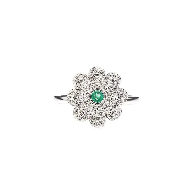 Memento Pave Diamond Flower Ring with Emerald Center in White Gold ...