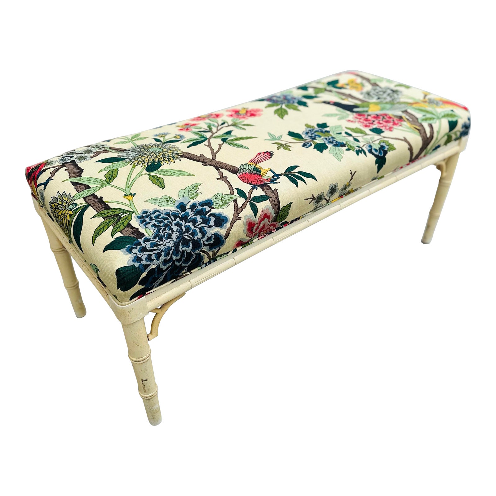 Vintage Faux Bamboo Bench, Newly Upholstered in Designer Chinoiserie ...