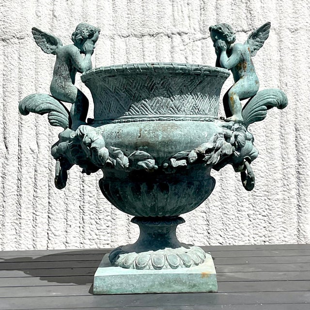 Vintage Boho Patinated Bronze Double Cherub Planter | Chairish