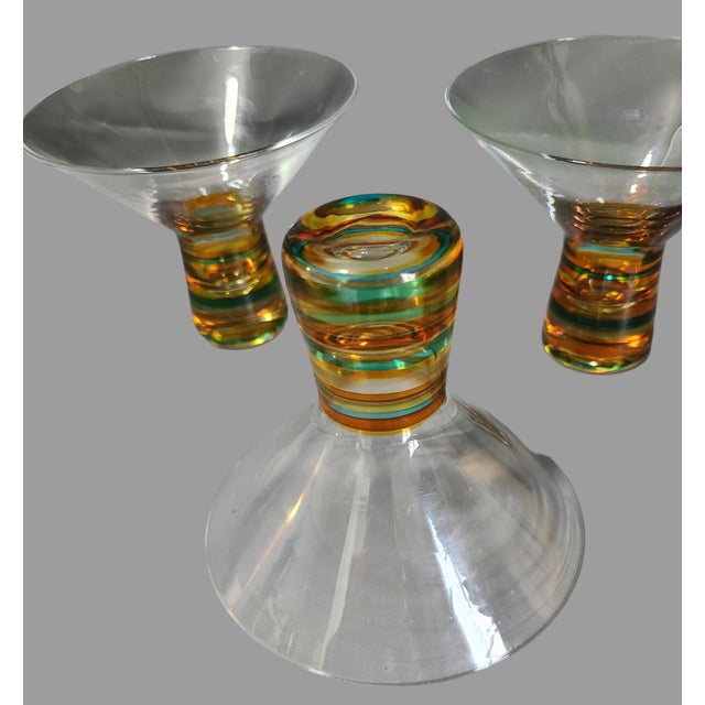 Set Of 3 Vintage Rainbow Colored Stem Base Art Glass Martini Glasses