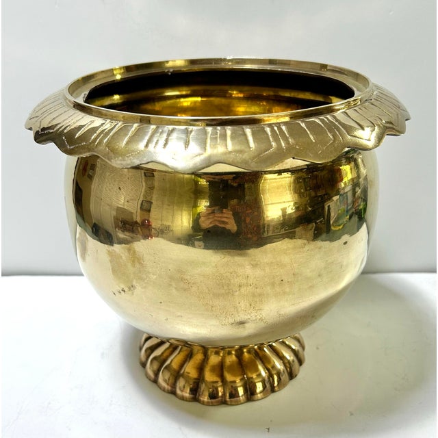 1980s Brass Cachepot With Fluted Pedestal Base & Etched Rim | Chairish