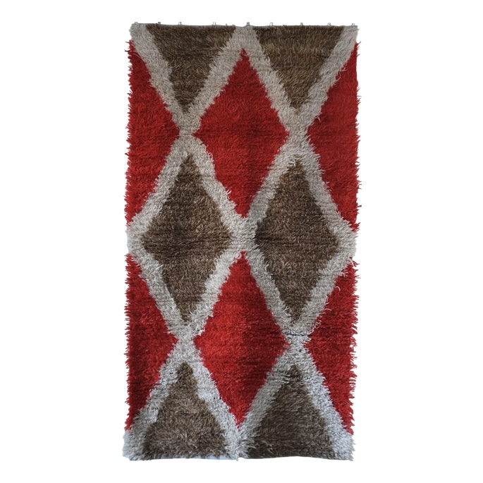 Scandinavian Red Rhombus Rya Rug, Sweden, 1960s | Chairish