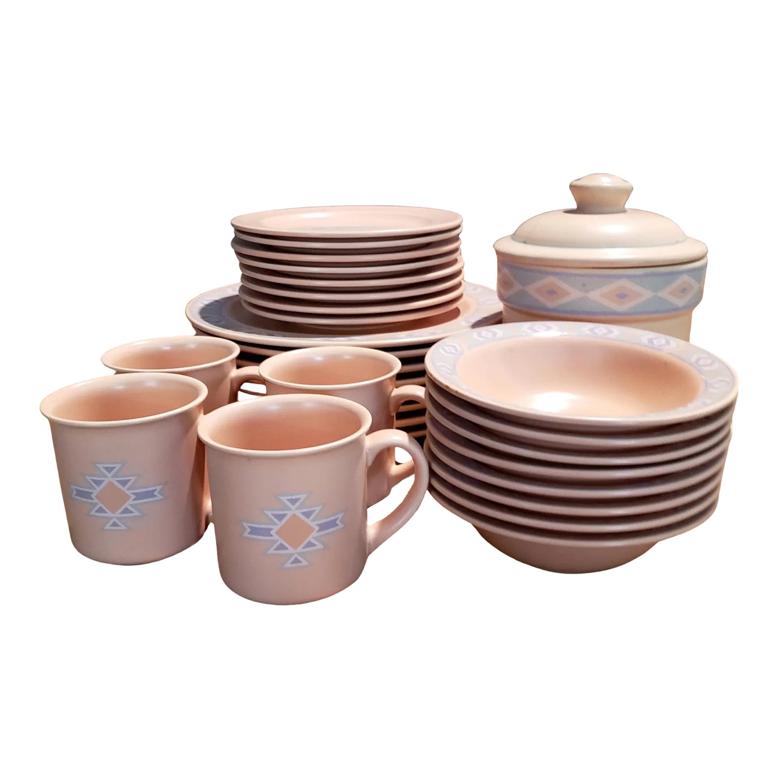 1990s Southwest Stoneware Aztec Pattern Dinnerware Set, 30 Piece | Chairish