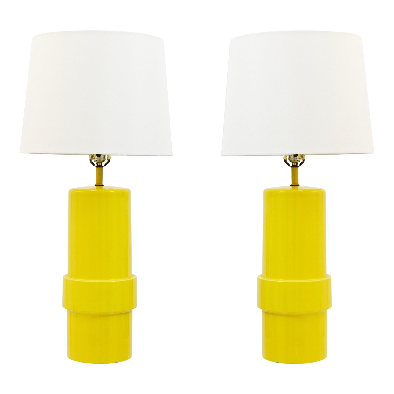 Pair of 1970s Glossy Yellow Cylindrical Ceramic Table Lamps | Chairish