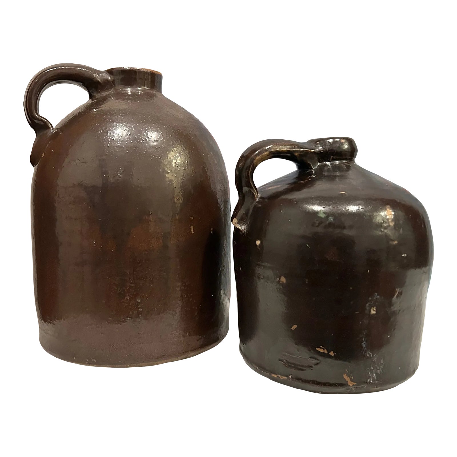 Antique Handcrafted Brown Stoneware Jug Pair – Rustic Charm | Chairish