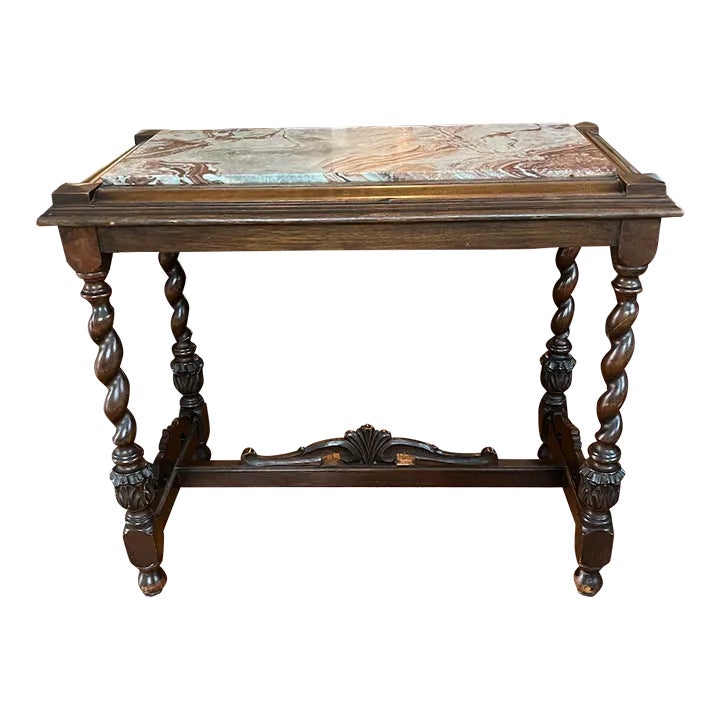 Early 20th Century Carved Wood Barley Twist and Marble Top Table | Chairish
