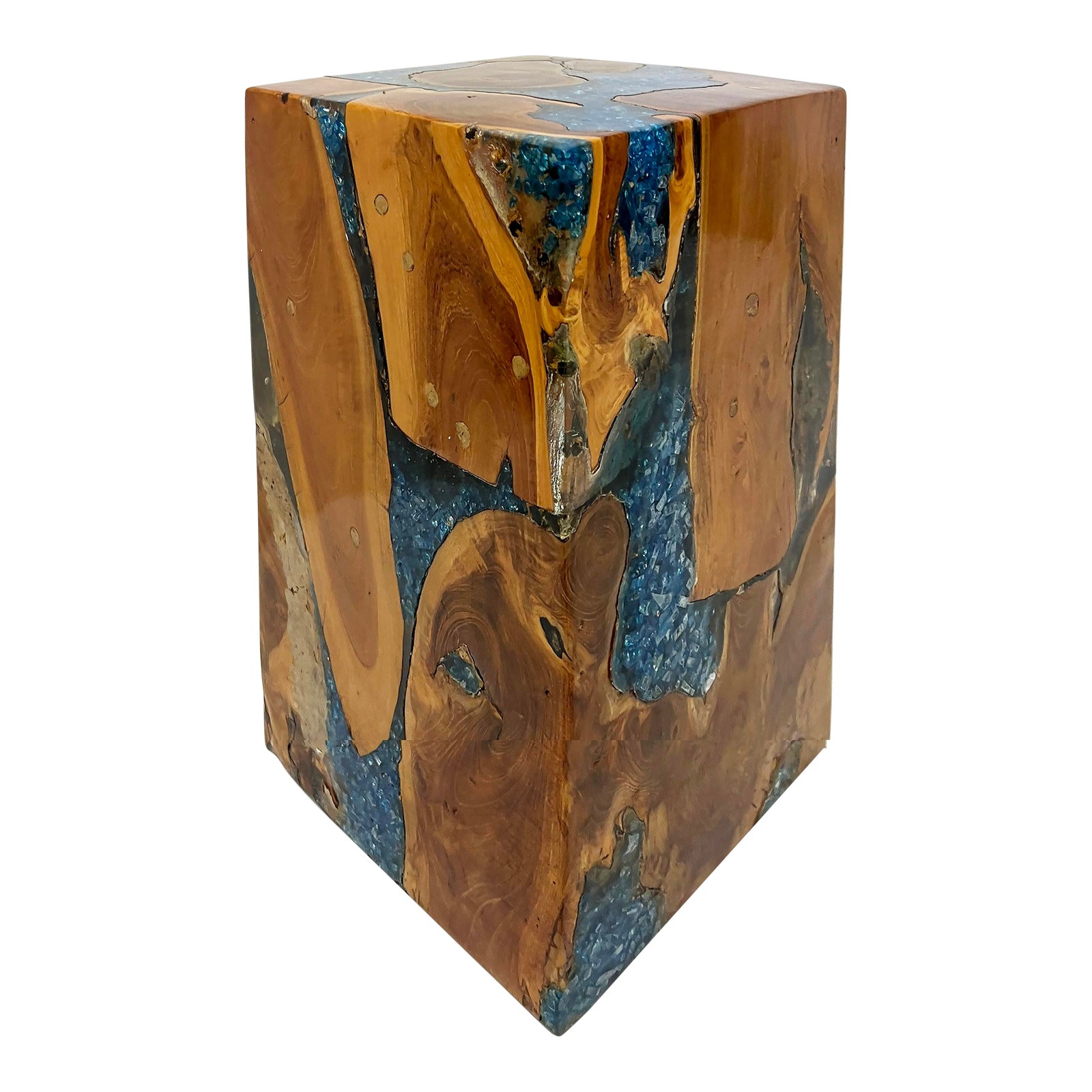 Vintage Organic Teak, Epoxy Resin and Crystals Side Table, Stool, or ...