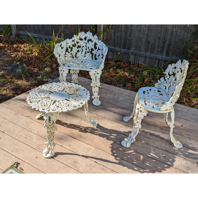 Antique White Wrought Iron Floral Grape Pattern Patio Table & 2 Chairs ...