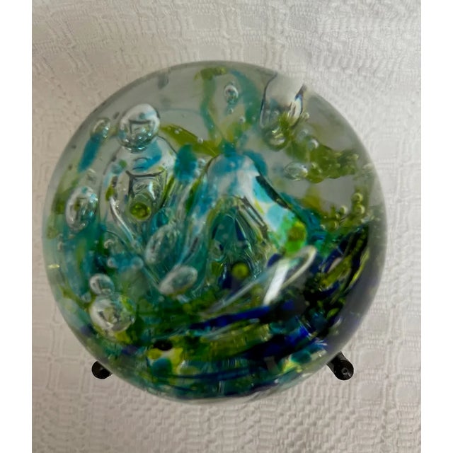 Jeff Price Hand Blown Art Glass Orb/Paperweight on Stand | Chairish